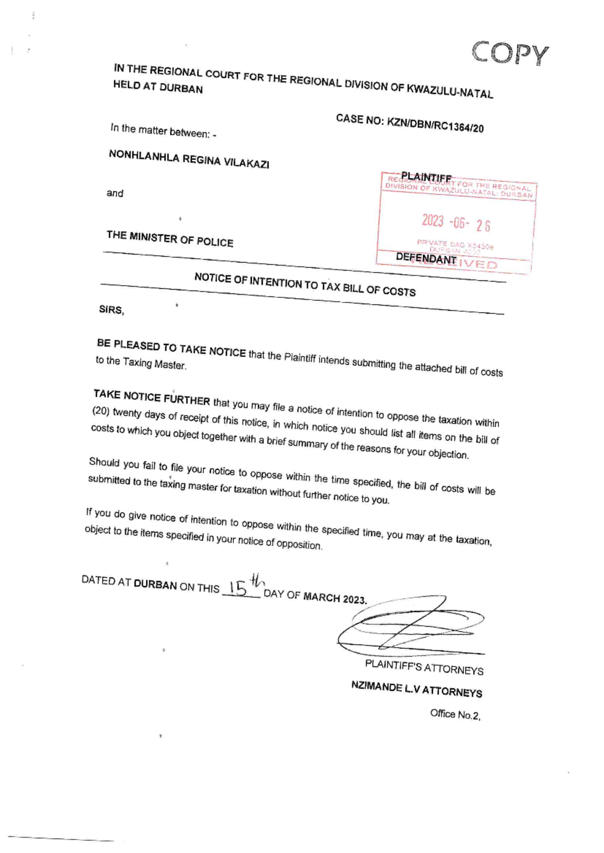 Notice of Intention to Tax Bill of Costs - LAWS4CP - Studocu