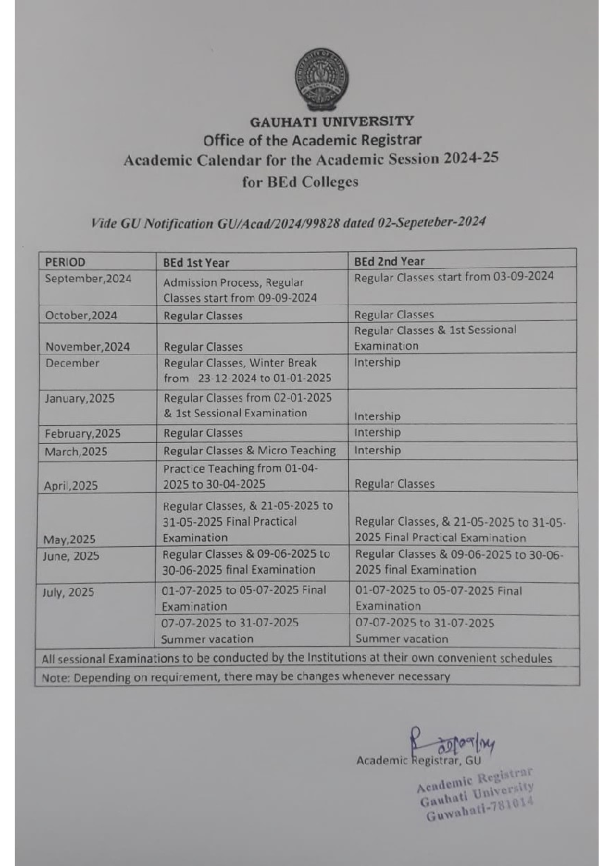 B Ed Academic Calendar 24 25 GAUHATI UNIVERSITY Office Of The