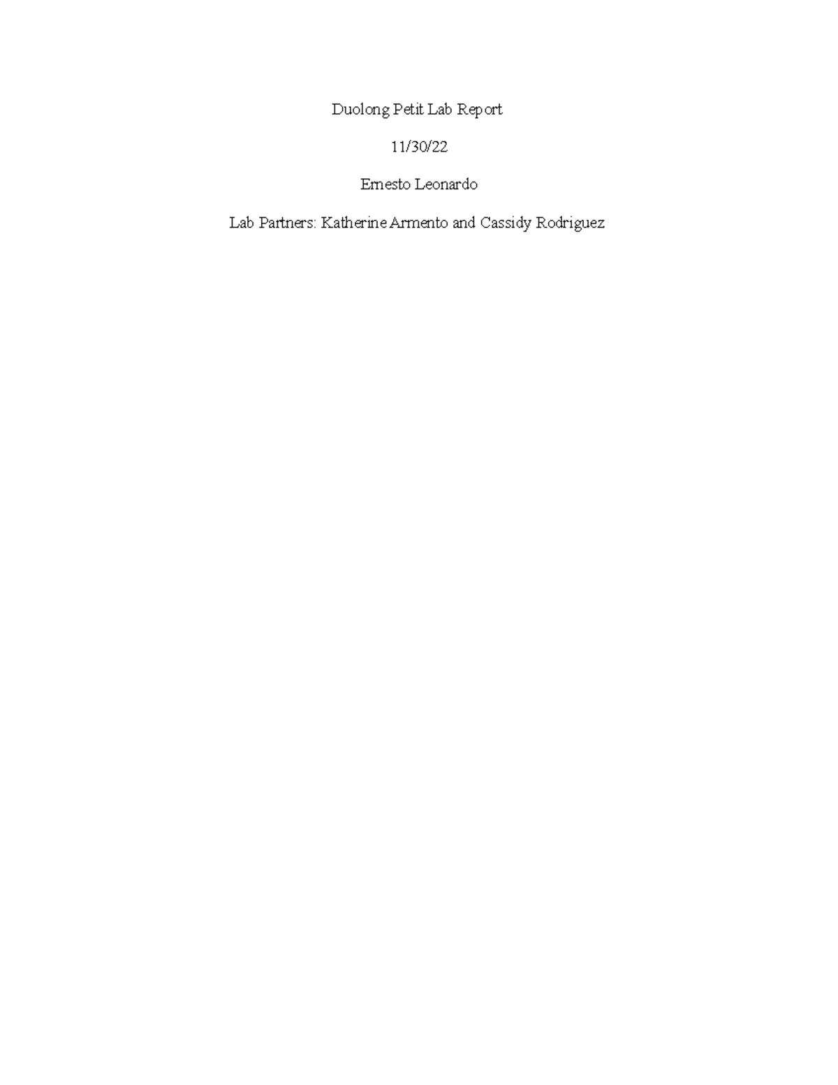 LAB 19 - General Chem lab report - Duolong Petit Lab Report 11/30 ...