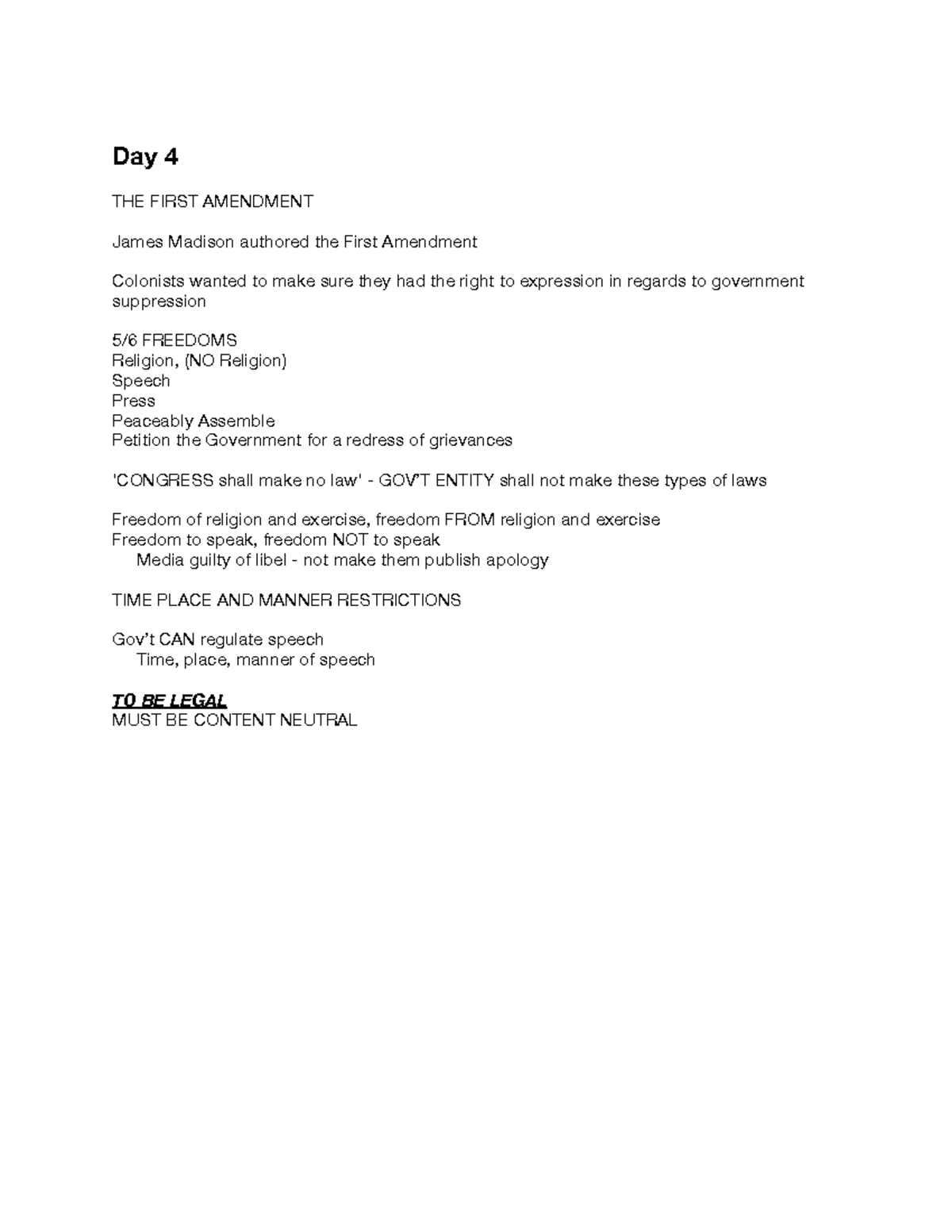Day 4 - Lecture notes 4 - Day 4 THE FIRST AMENDMENT James Madison ...