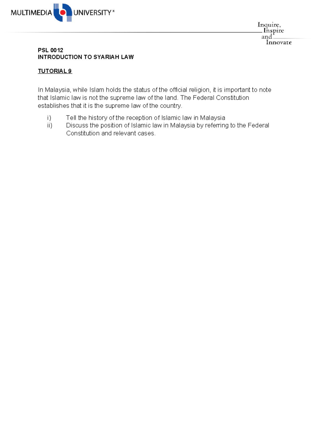 Tutorial 9 question - Introduction to Syariah Law - PSL 0012 ...