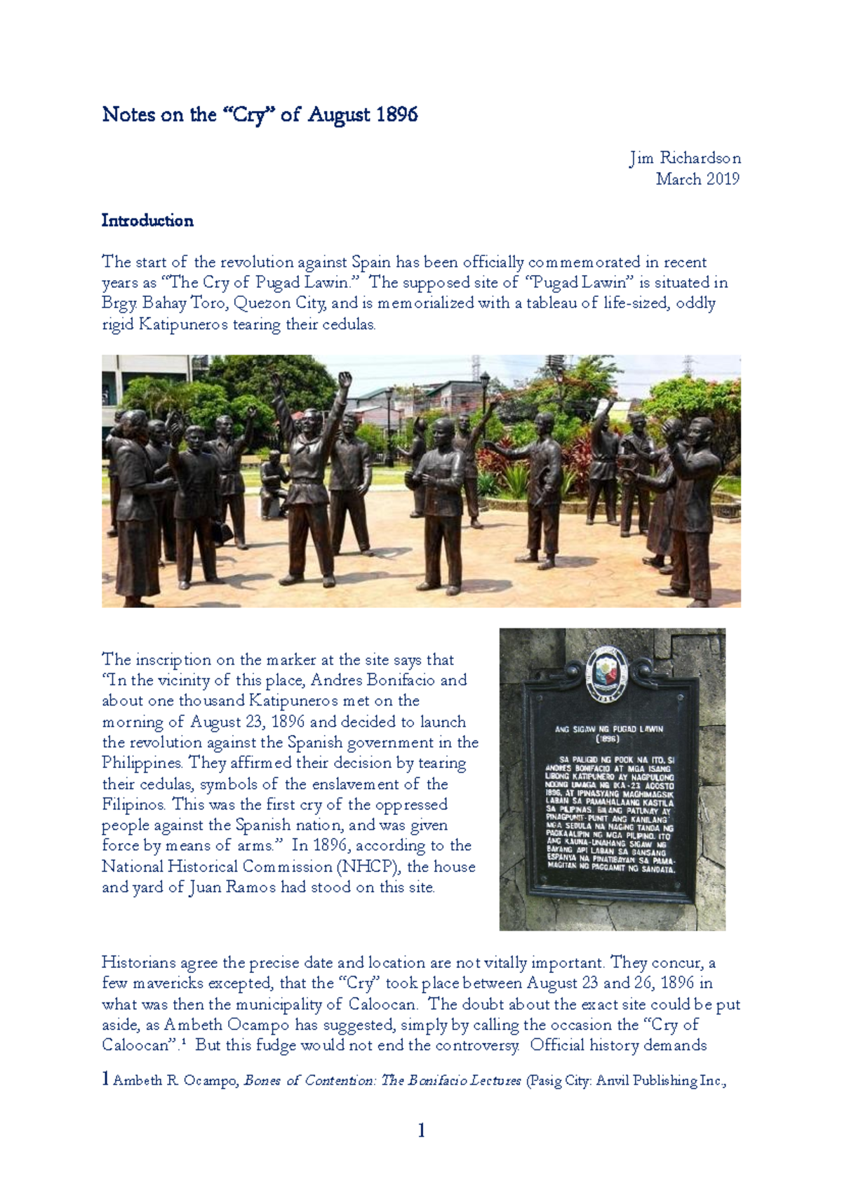 Notes on First Cry of Rebellion - Notes on the “Cry” of August 1896 Jim ...