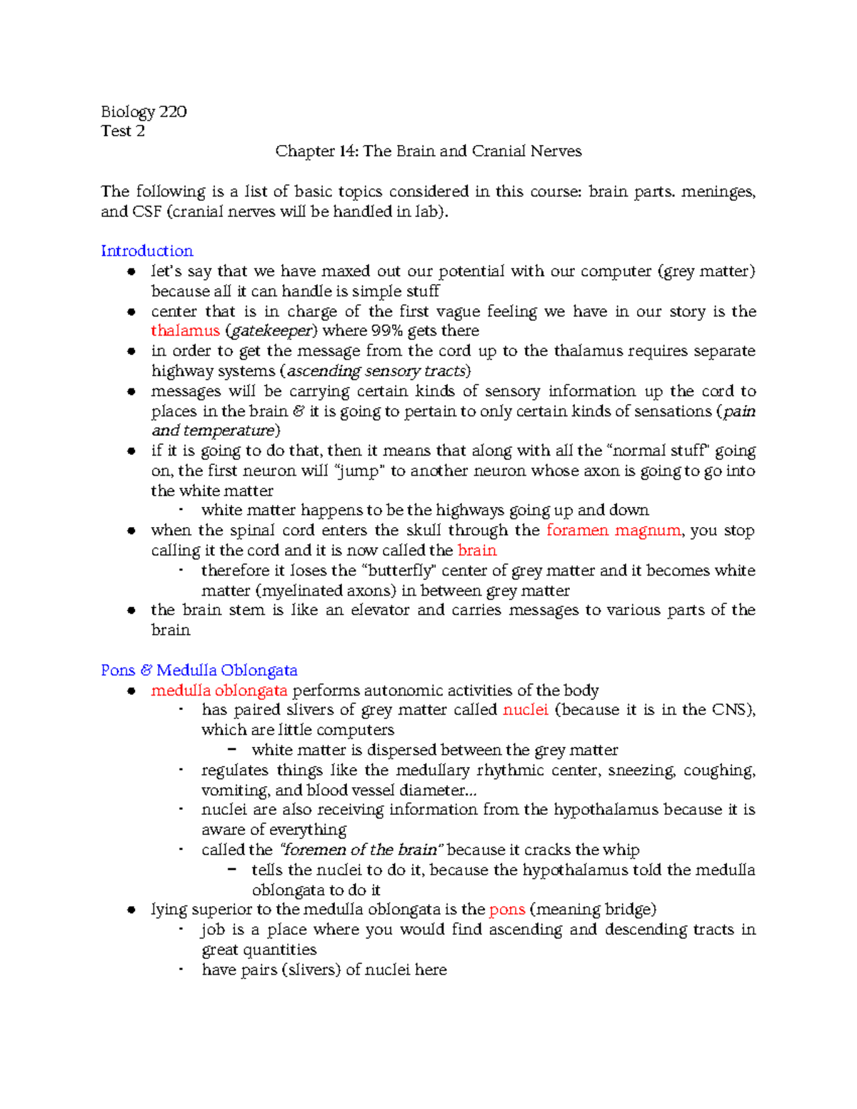 anatomy chapter 14 - Biology 220 Test 2 Chapter 14: The Brain and ...