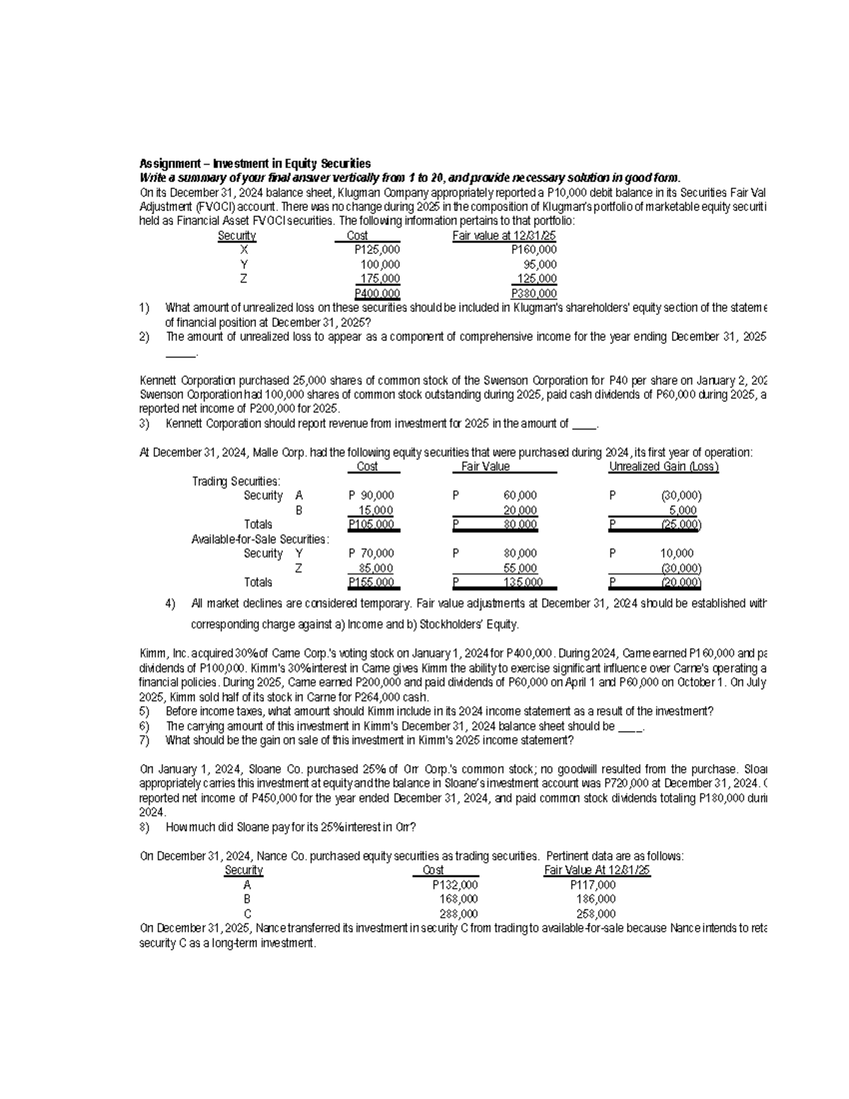 Investments Assignments - Assignment – Investment in Equity Securities ...