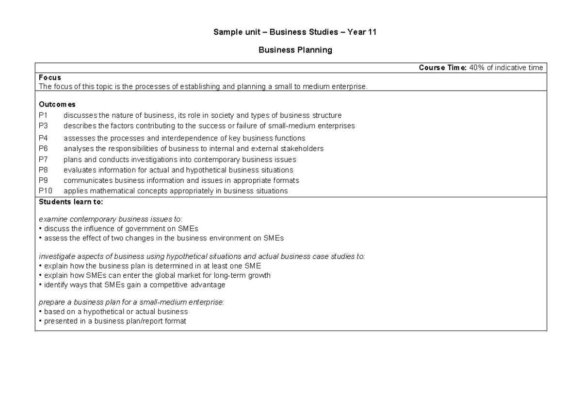 Business studies year 11 sample unit business planning - Sample unit ...