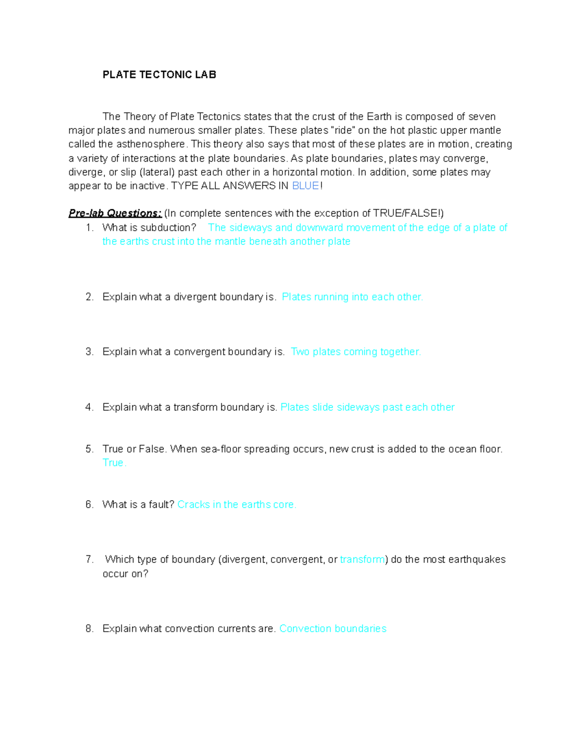 Copy of Plate Tectonic LAB NEW - PLATE TECTONIC LAB The Theory of Plate ...