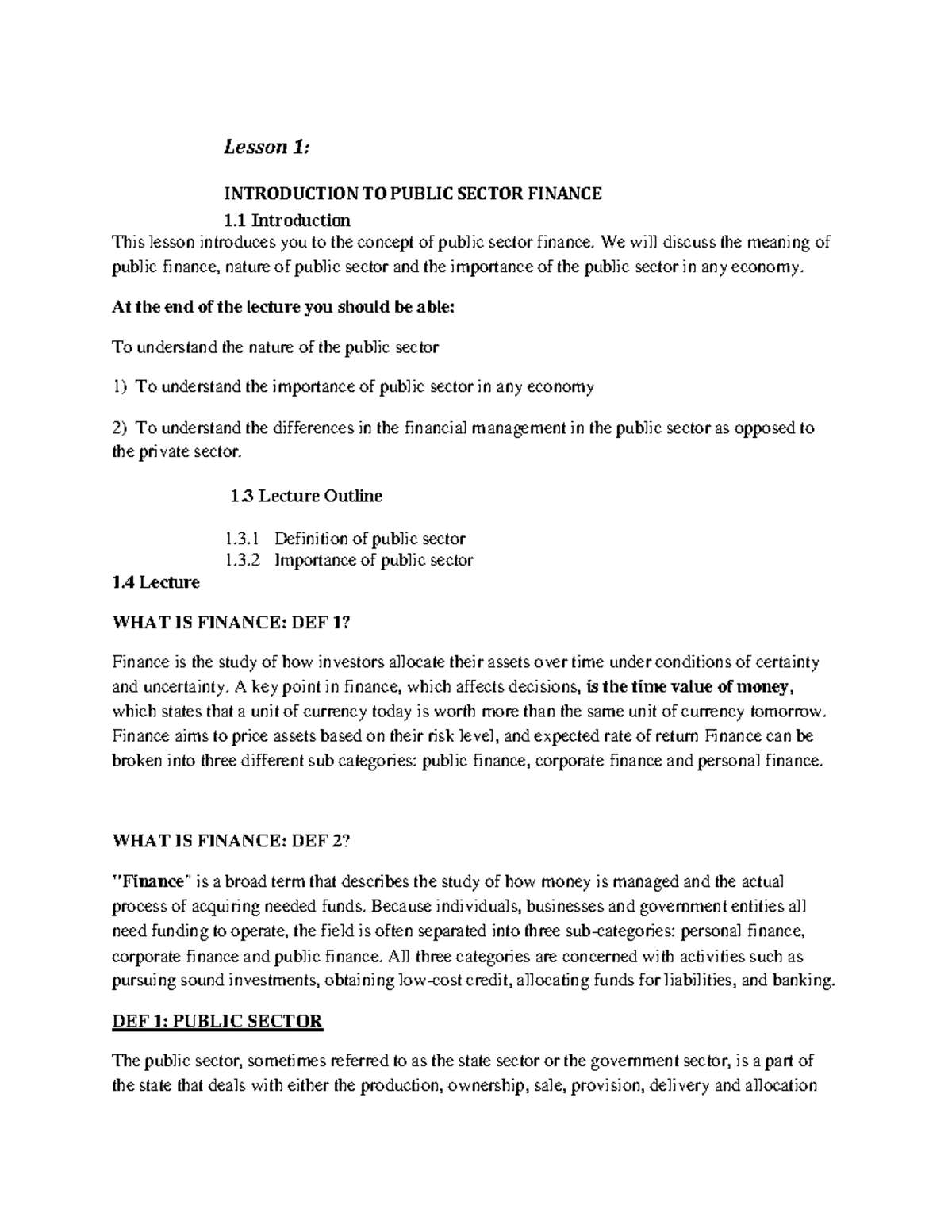 Lesson 1 public sector finance - Lesson 1: INTRODUCTION TO PUBLIC ...