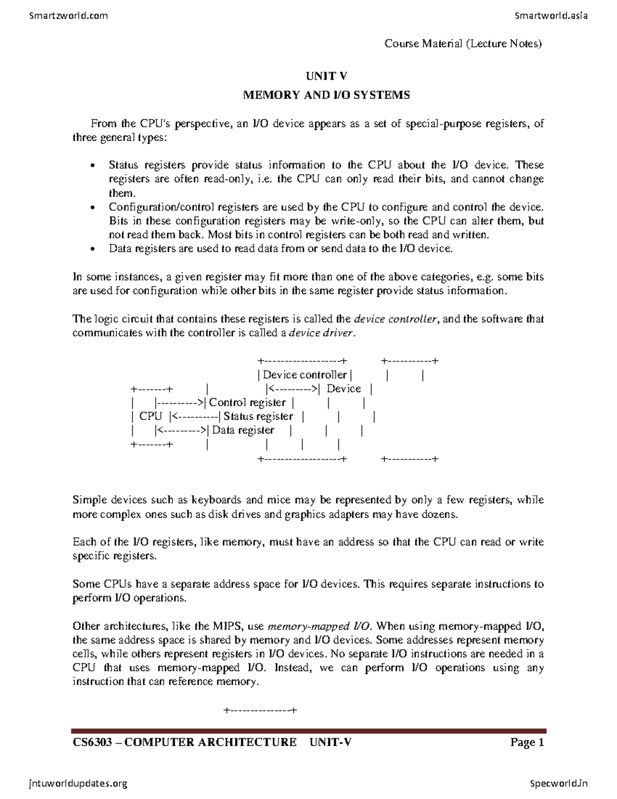 Advanced Computer Architecture Memory AND IO Systems - Course Material ...