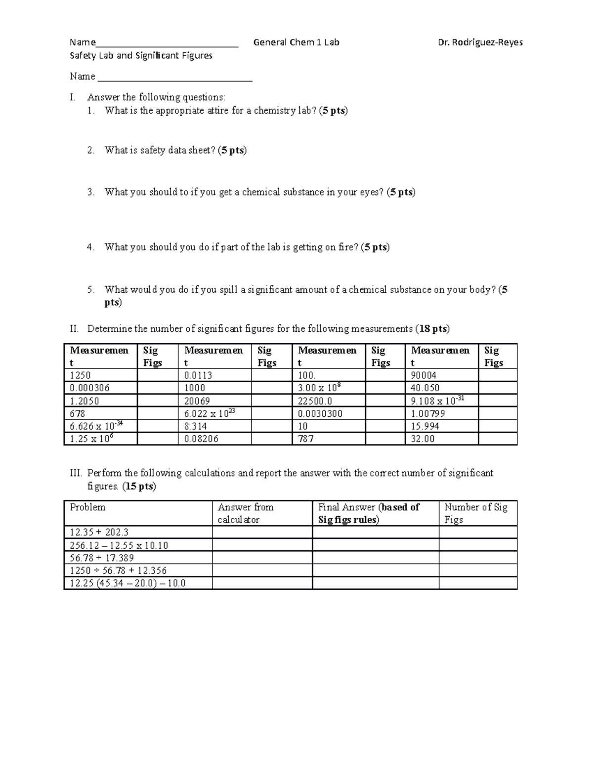 Exp 1 Safety and Sig Figs - Name___________________________ General ...