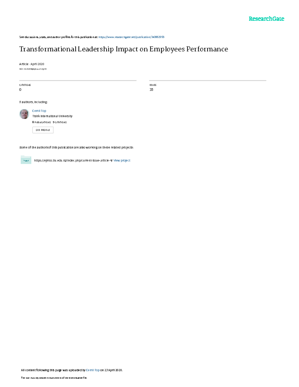 5Bryar Transformational Leadership Impact on Employees Performance - See discussions, stats, and ...