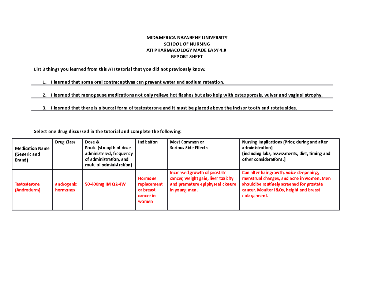 ATI Report Sheet Testosterone - MIDAMERICA NAZARENE UNIVERSITY SCHOOL ...