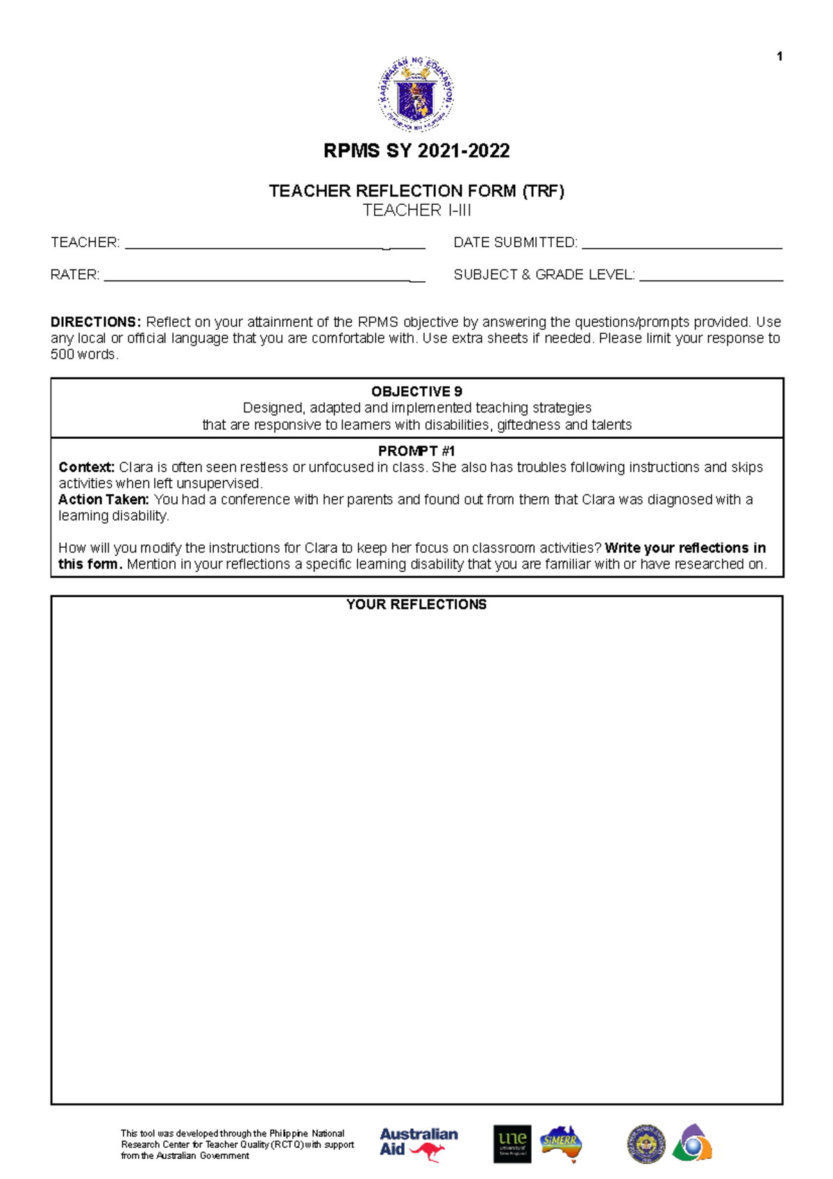 Teacher Reflection Form for T I III for RPMS SY 2021 2022 - This tool ...
