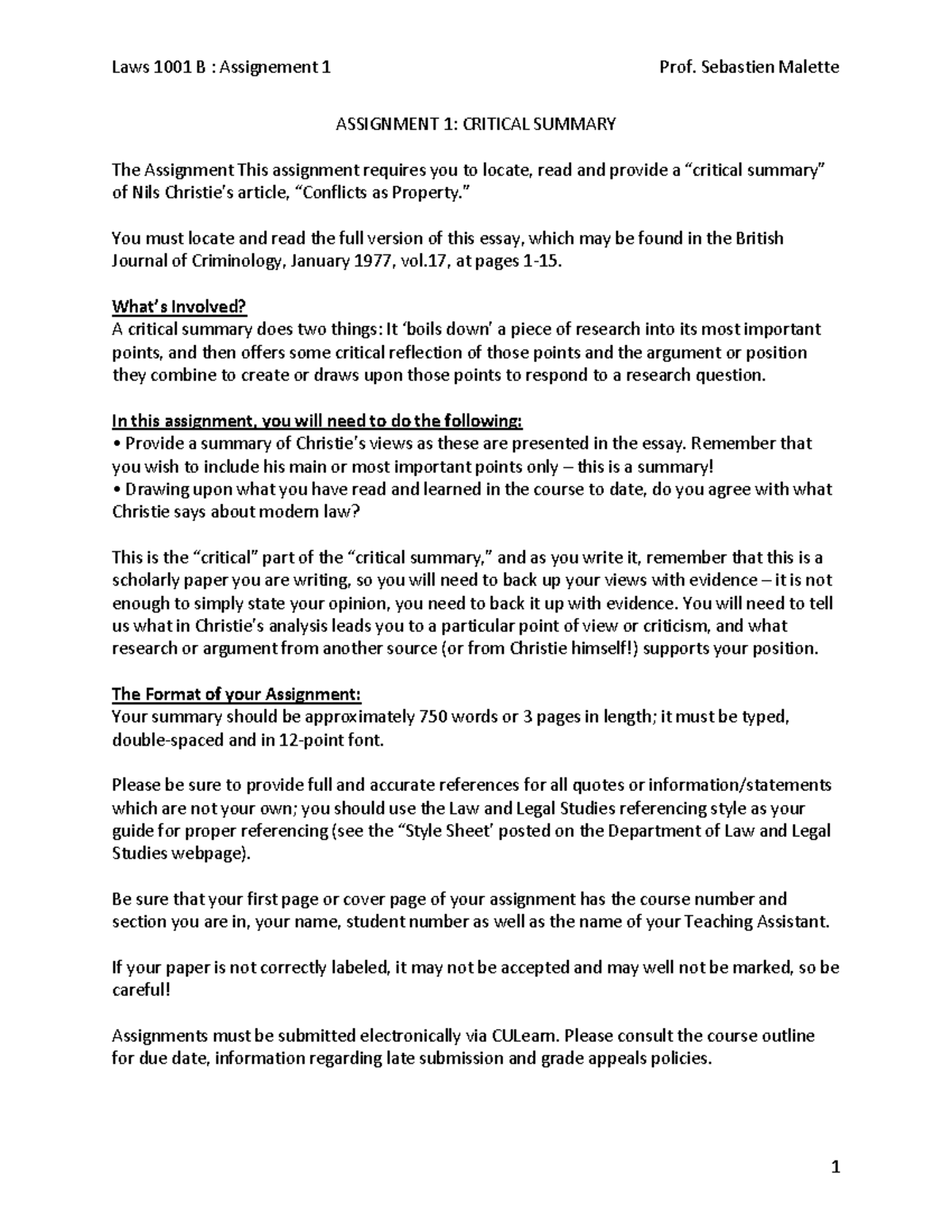 Assignment 1 Laws 1001B 2020 - Laws 1001 B : Assignement 1 Prof ...