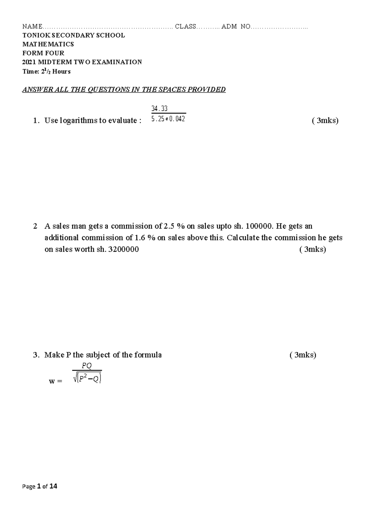 2021 Maths Form 4 Mid Term Exams Question Paper - Mathematics for ...