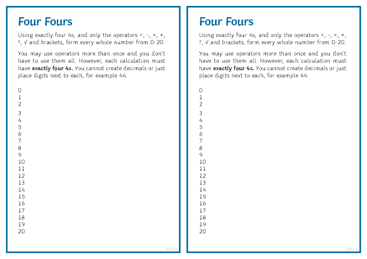 Four Fours Challenge Card - twinkl twinkl Four Fours 0 1 2 3 4 5 6 7 8 ...