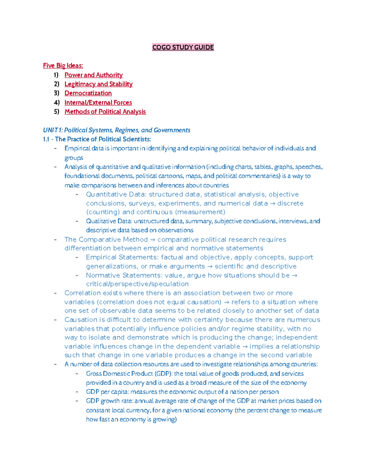 COGO Study Guide - COGO STUDY GUIDE Five Big Ideas: 1) Power and ...