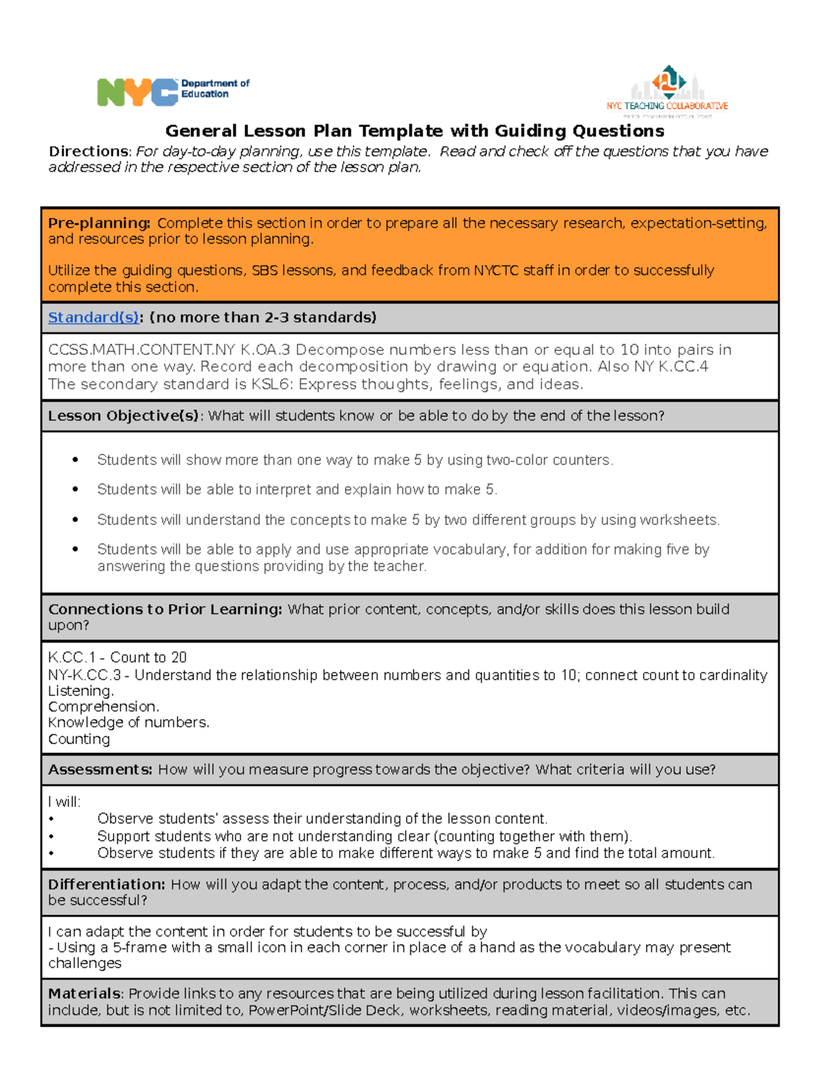O - Notes - General Lesson Plan Template with Guiding Questions ...