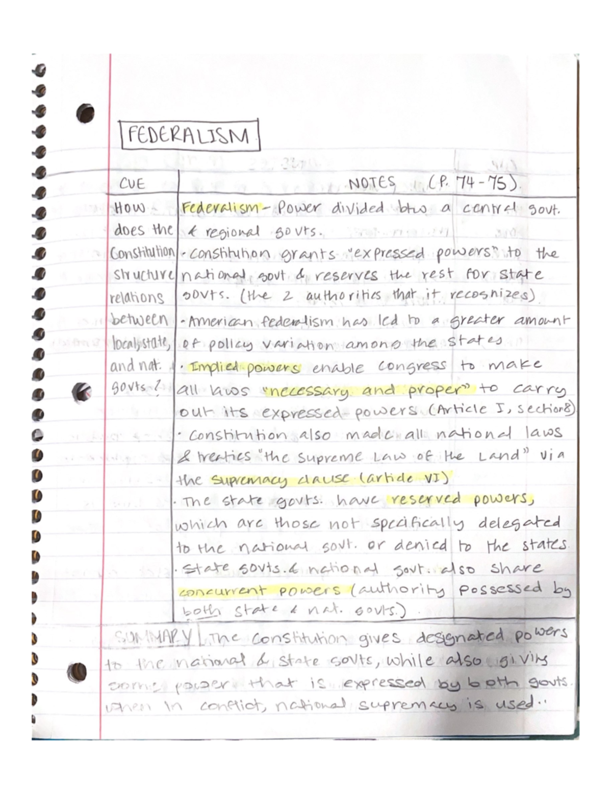 Gov Notes Ch 3 - FEDERALISM CUE NOTES (P. 74 HOW Federalism Power ...