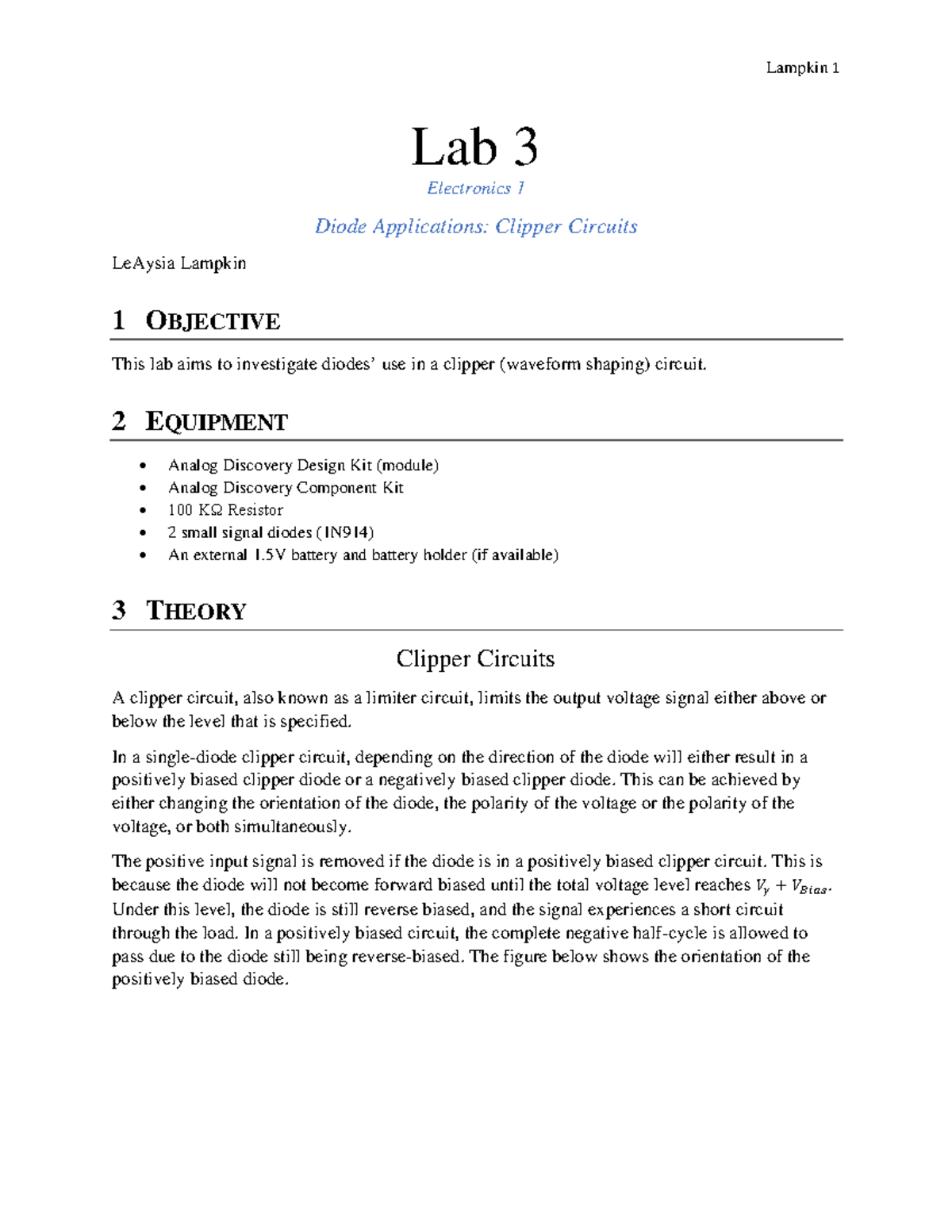 Lab 3 - Diode Applications: Clipper Circuits - Lab 3 Electronics 1 Diode Applications: Clipper ...