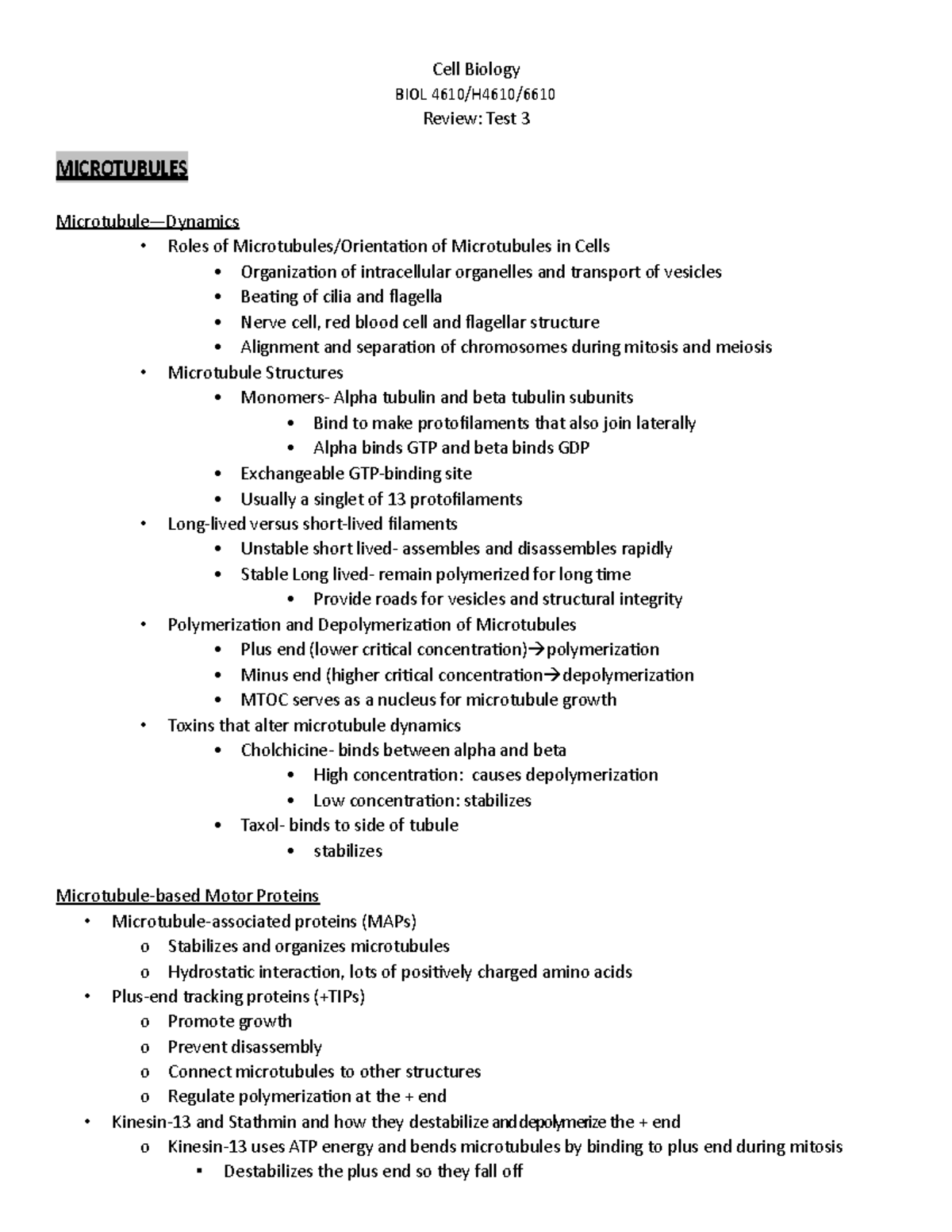 Cell Bio Test 3 Study Guide - MICROTUBULES Cell Biology BIOL 4610/H4610 ...