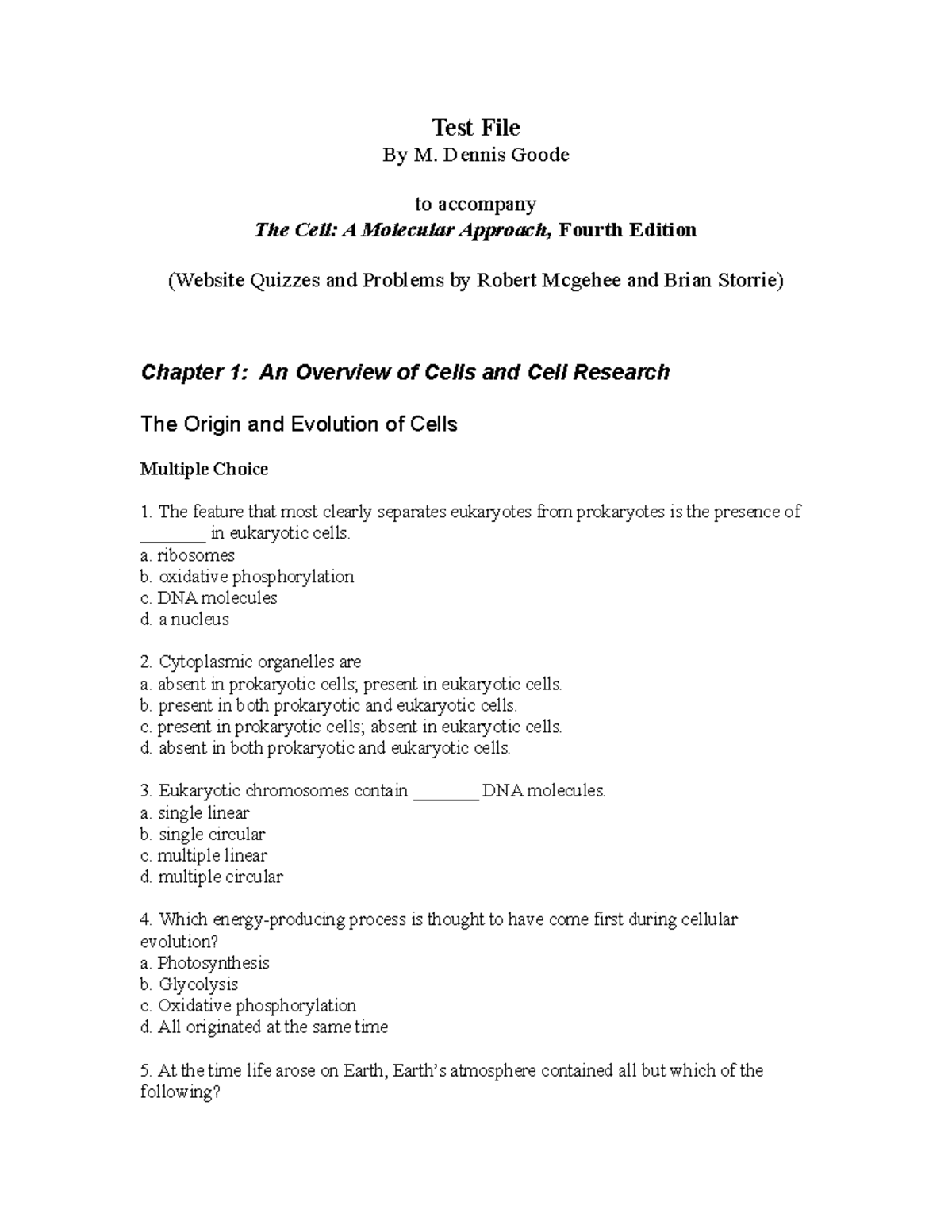 The Cell: A Molecular Approach, Fourth Edition Chapter 1 test bank ...