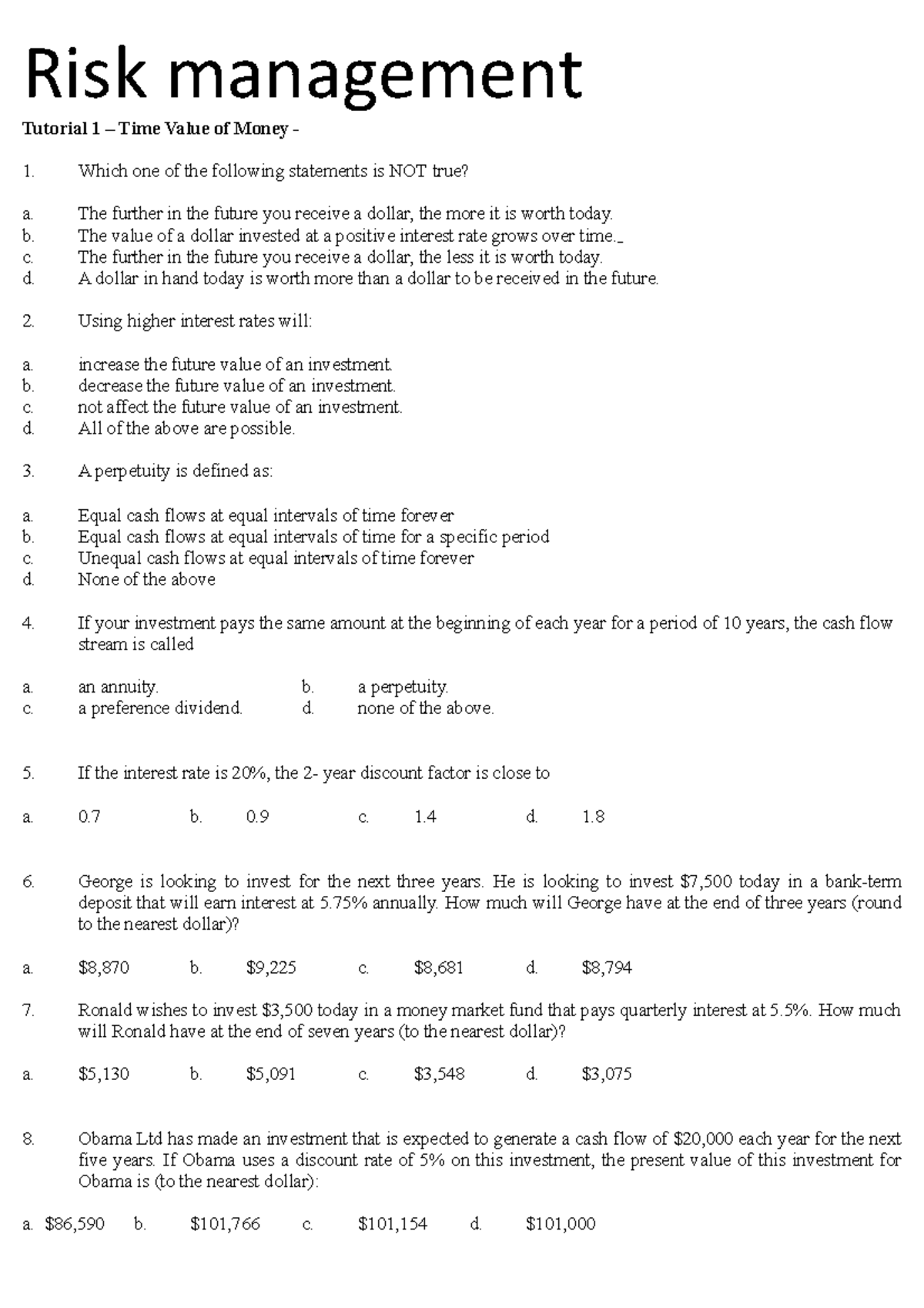 Tutorial questions combined [risk management] - Risk management ...