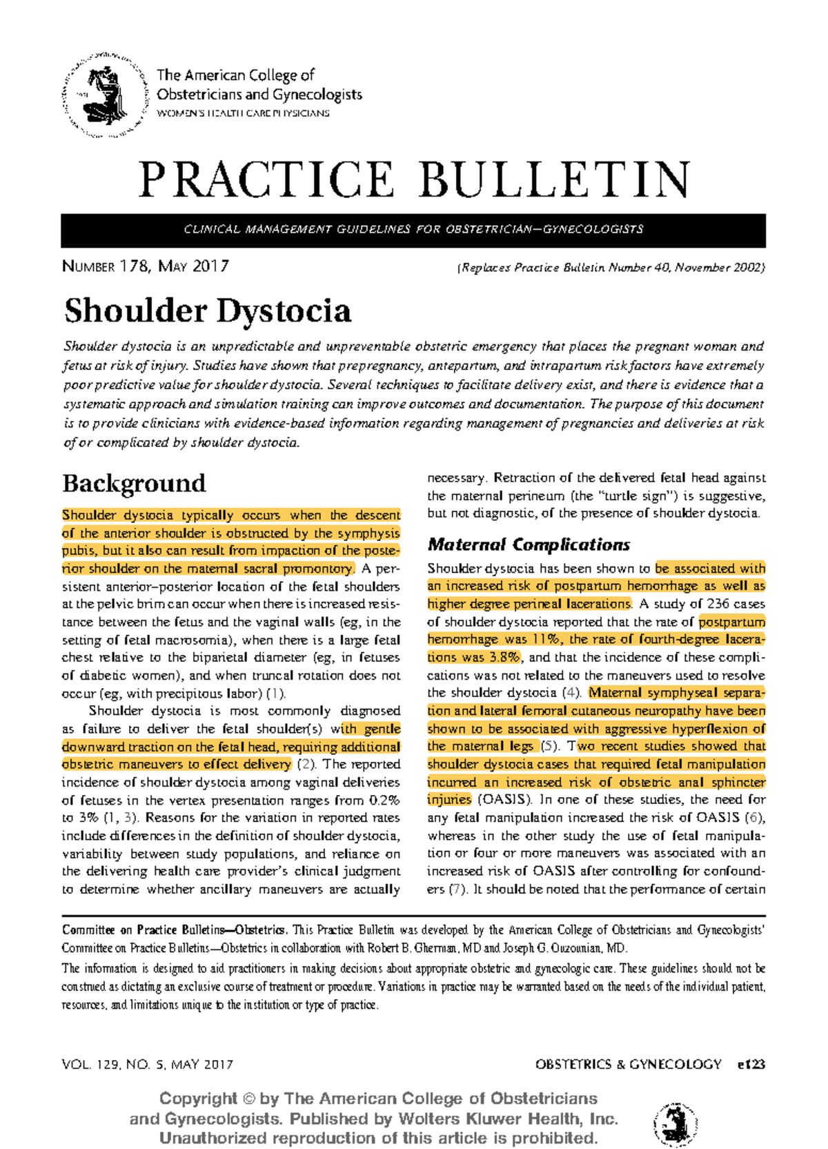 178 Shoulder dystocia - DISTOCIA DE HOMBROS - VOL. 129, NO. 5, MAY 2017 OBSTETRICS & GYNECOLOGY ...