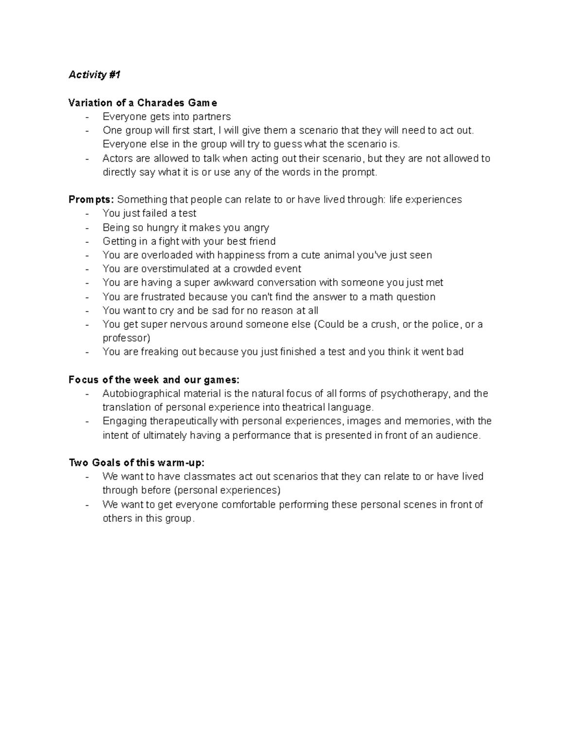 Warm up assignment - lead a warm up at the beginning of class ...