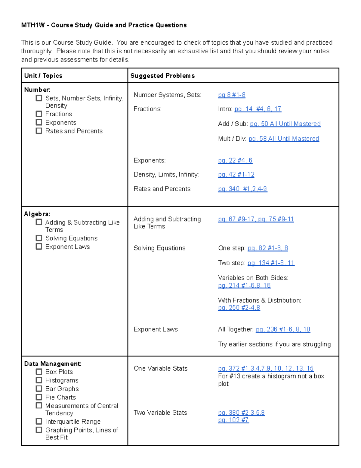 MTH1W - Study Guide - Exam review - MTH1W - Course Study Guide and ...