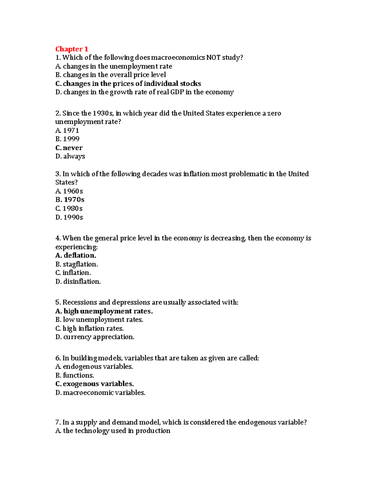 ECON CH 1 7 Answers - Chapter 1 Which of the following does macroeconomics NOT study? A. changes ...