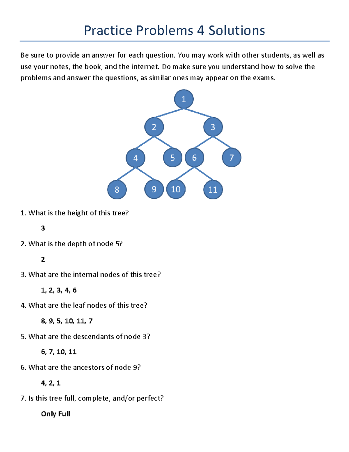 Trees Practice - Practice Problems 4 Solutions Be sure to provide an answer for each question ...