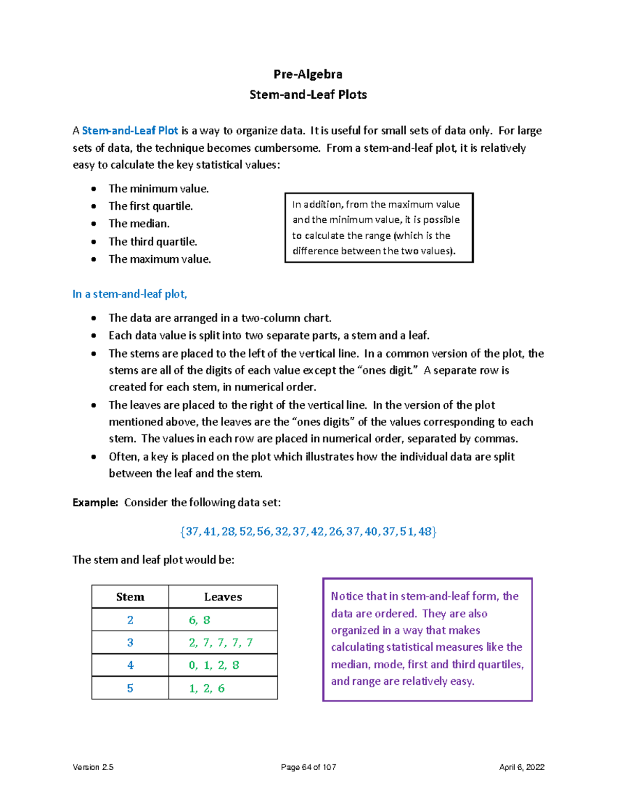 Pre Algebra Math Handbook 12 - Pre‐Algebra Stem‐and‐Leaf Plots A Stem ...