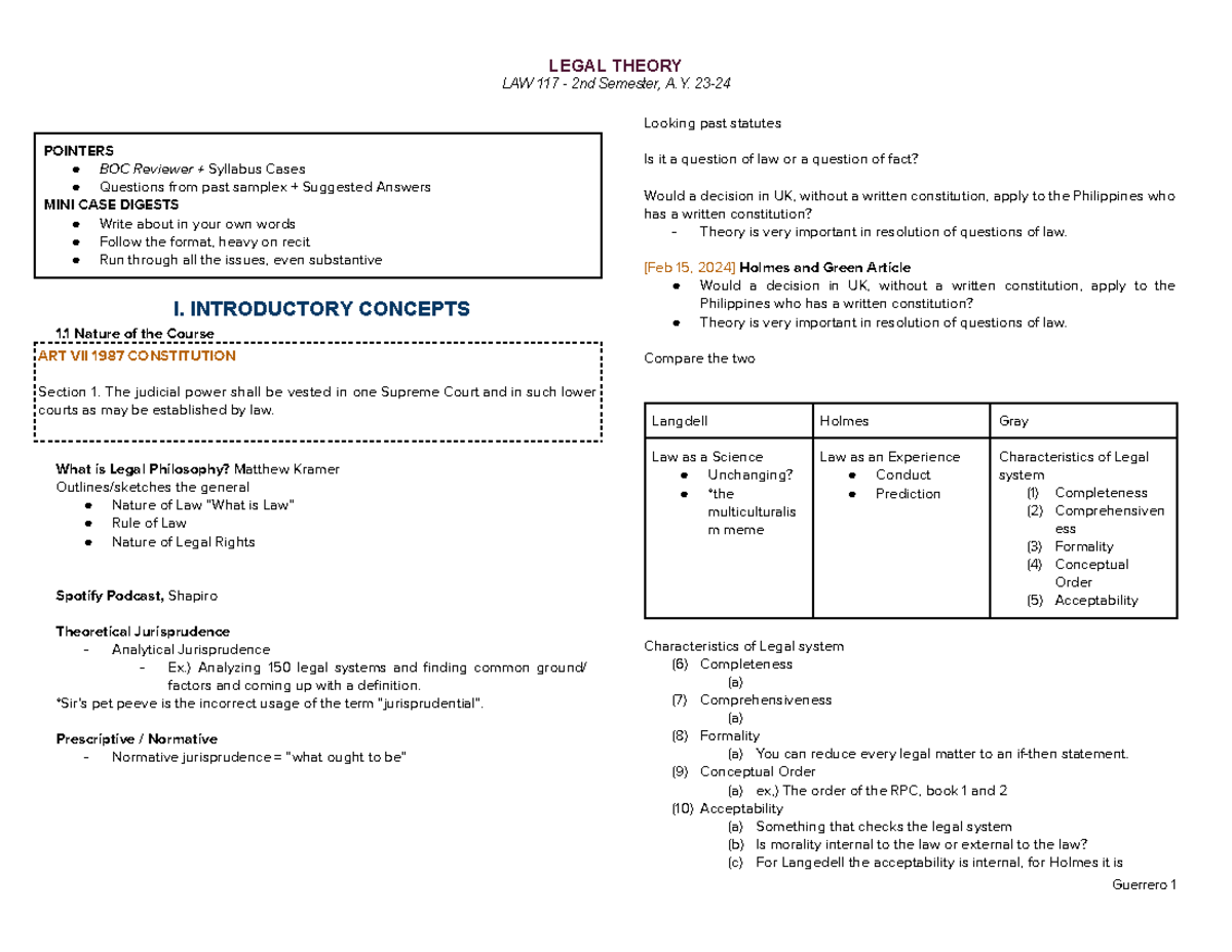LAW 117 (Legal Theory) - Notes - LAW 117 - 2nd Semester, A. 23 ...