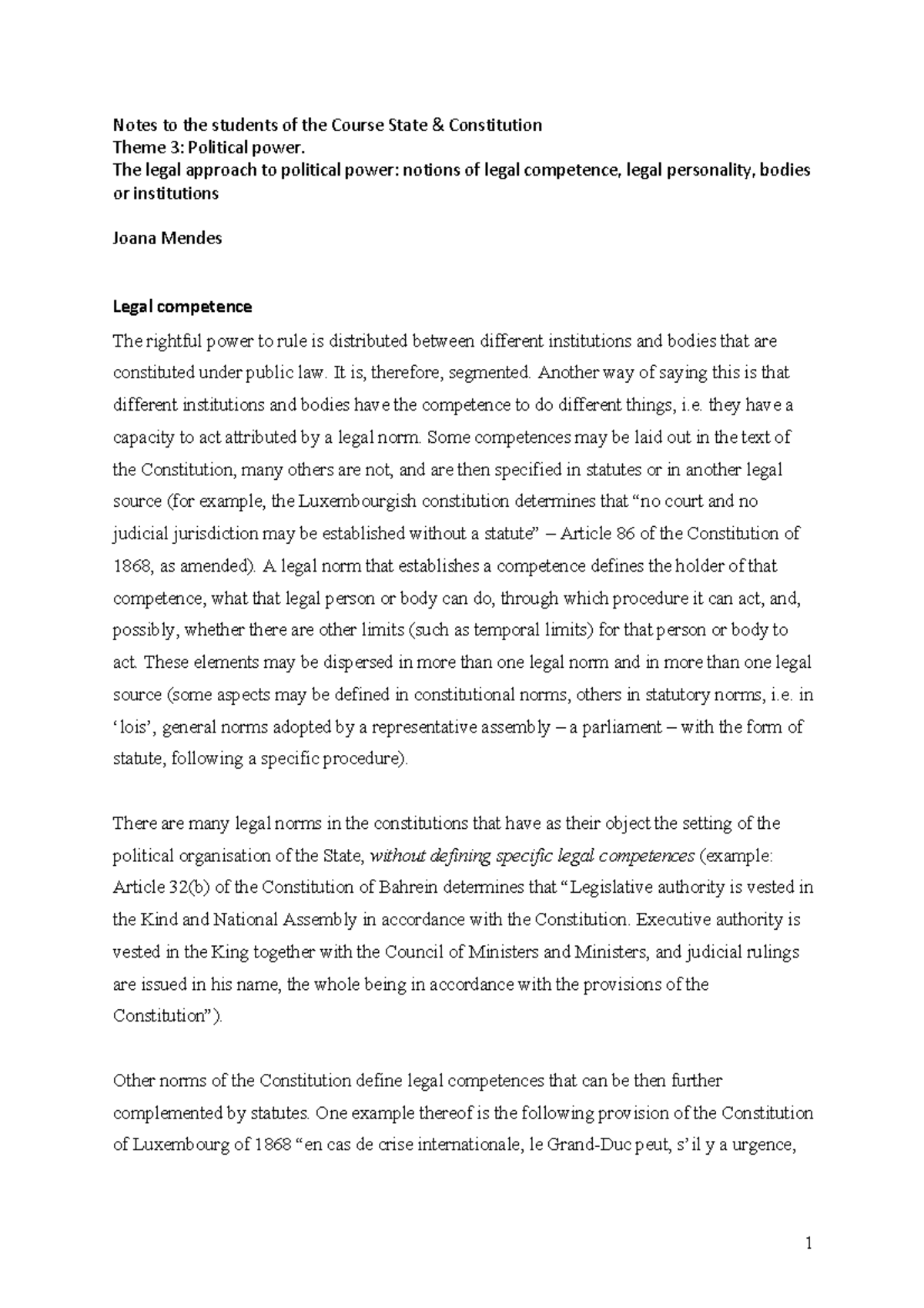 Legal Competence Related Notions Notes Students - 1 Notes to the ...