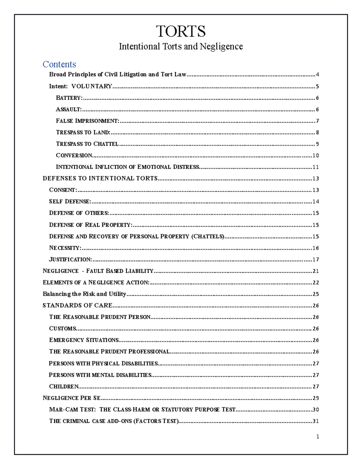TORTS Outline covering everything except products liability ...