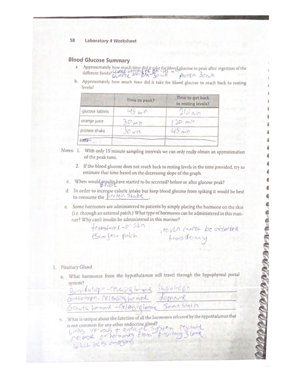 Laboratory 4 Worksheet - 58 Laboratory 4 Worksheet Blood Glucose Summary a. Approximately how ...
