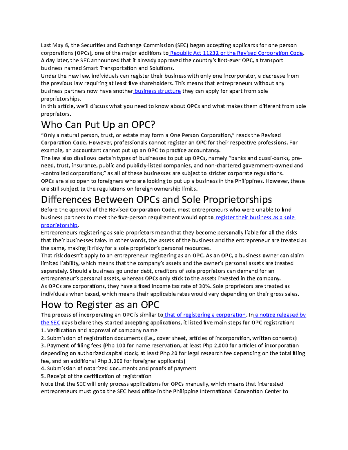 Opc - one person corp - Last May 6, the Securities and Exchange ...