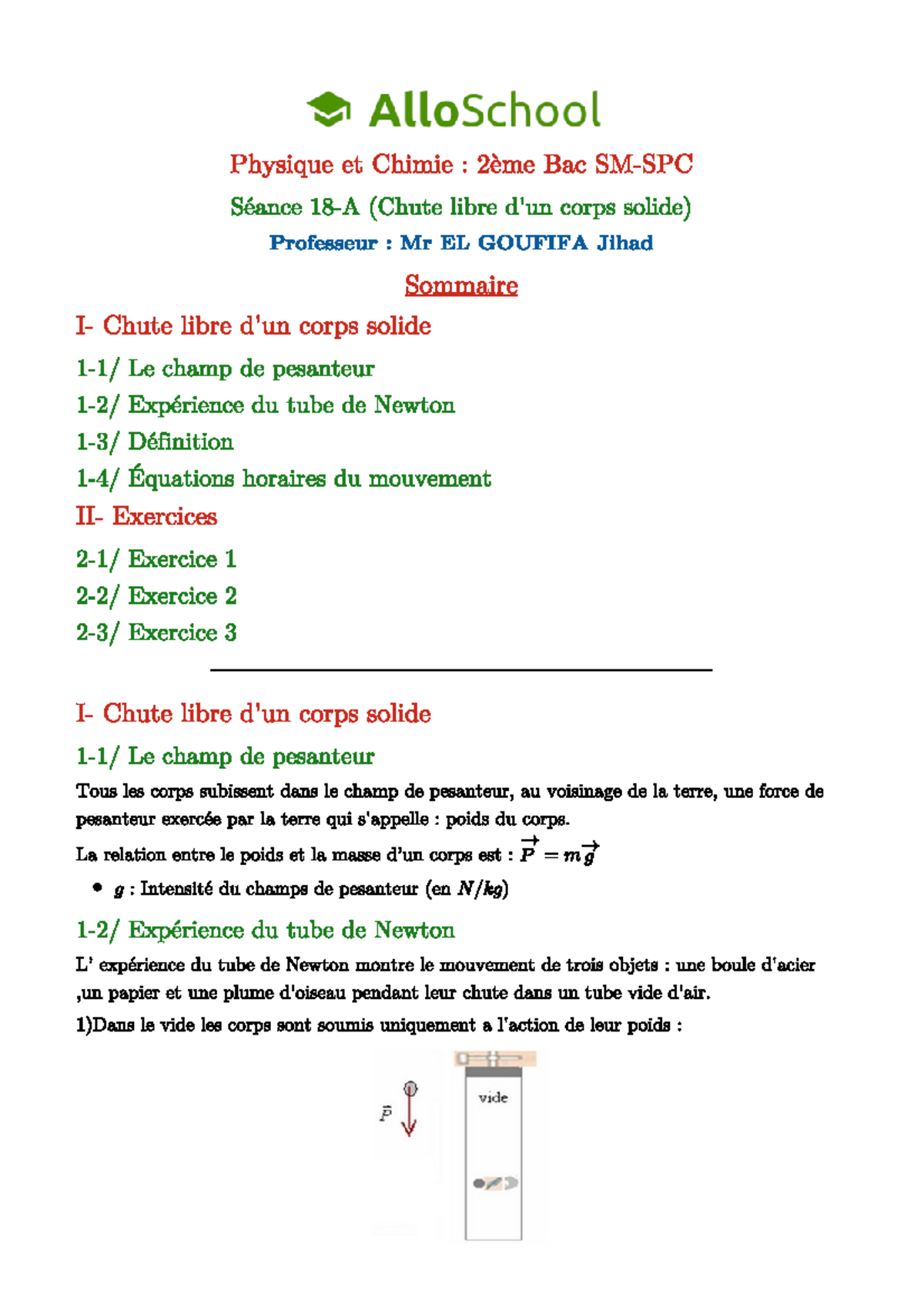 Seance 18 a chute libre d un corps solide 5 - Physique-chimie - Studocu