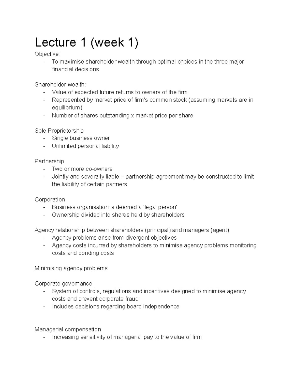 Fundamentals of Finance Lecture Notes - Lecture 1 (week 1) Objective ...