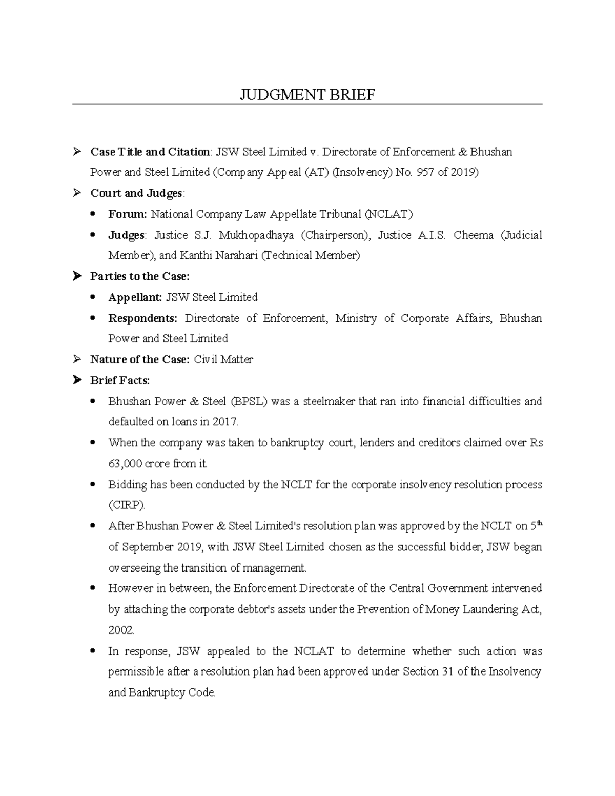 Judgement Brief - JUDGMENT BRIEF Case Title and Citation: JSW Steel ...