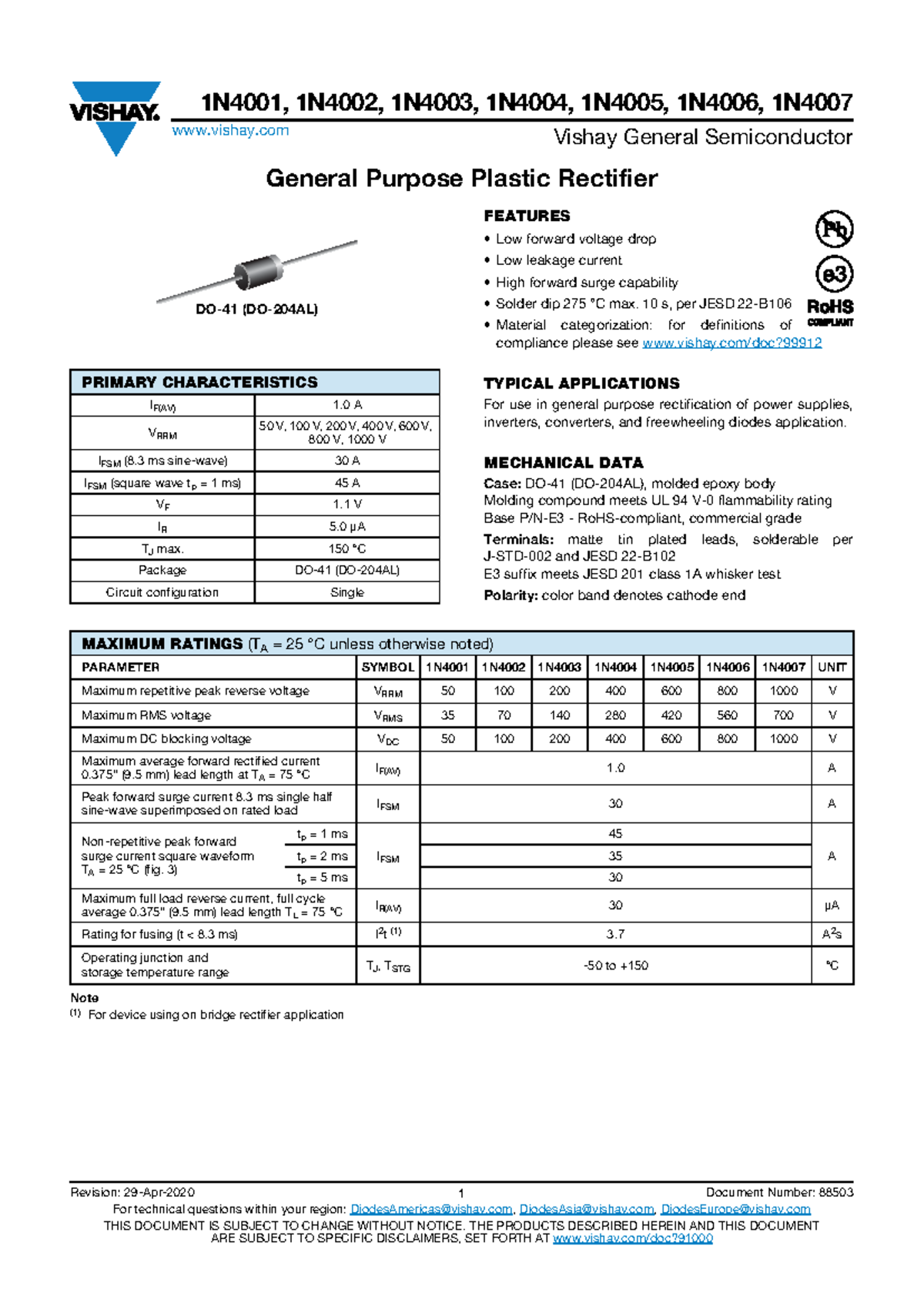 1n4001 - vishay Vishay General Semiconductor Revision: 29-Apr-2020 1 Document Number: 88503 For ...