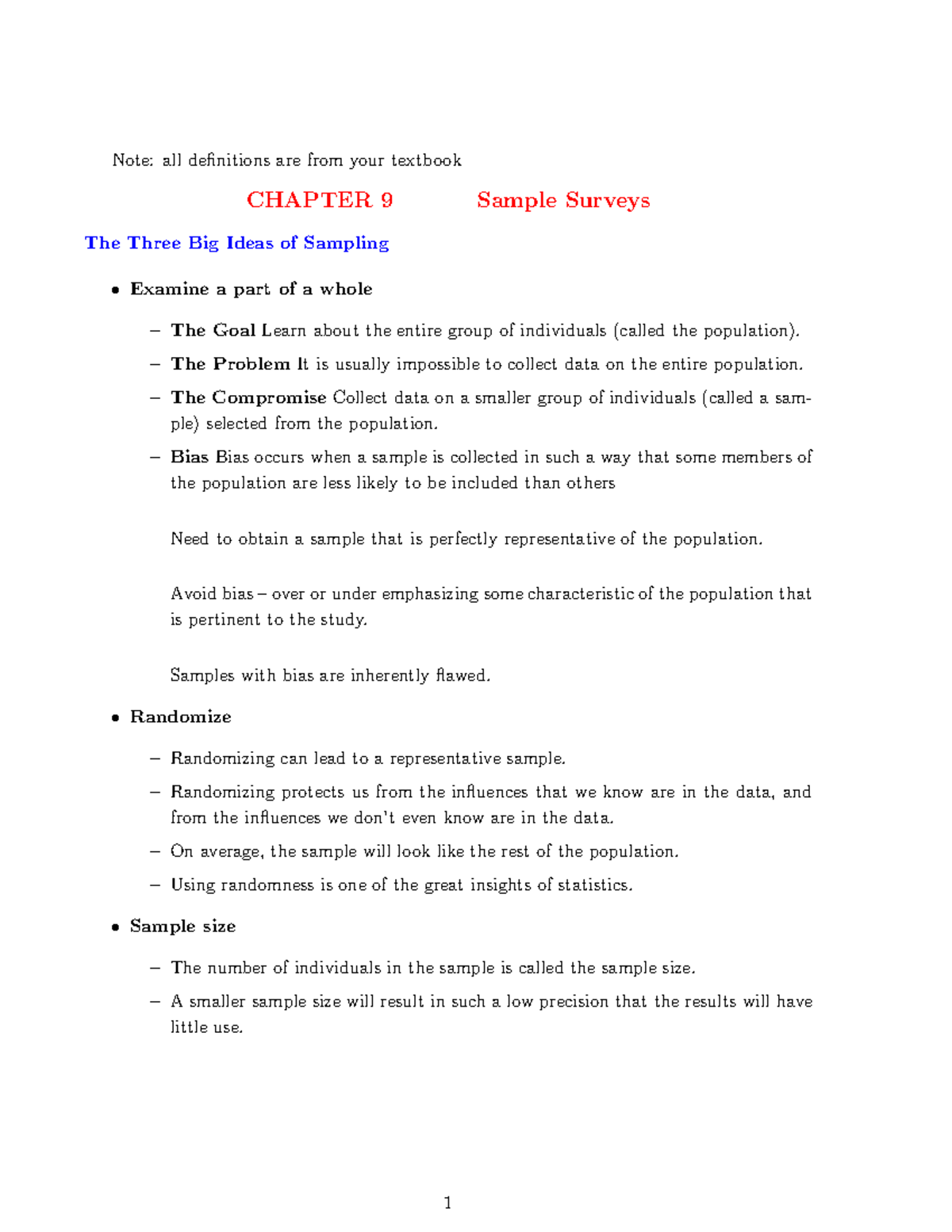 Sample surveys - Note: all definitions are from your textbook CHAPTER 9 ...