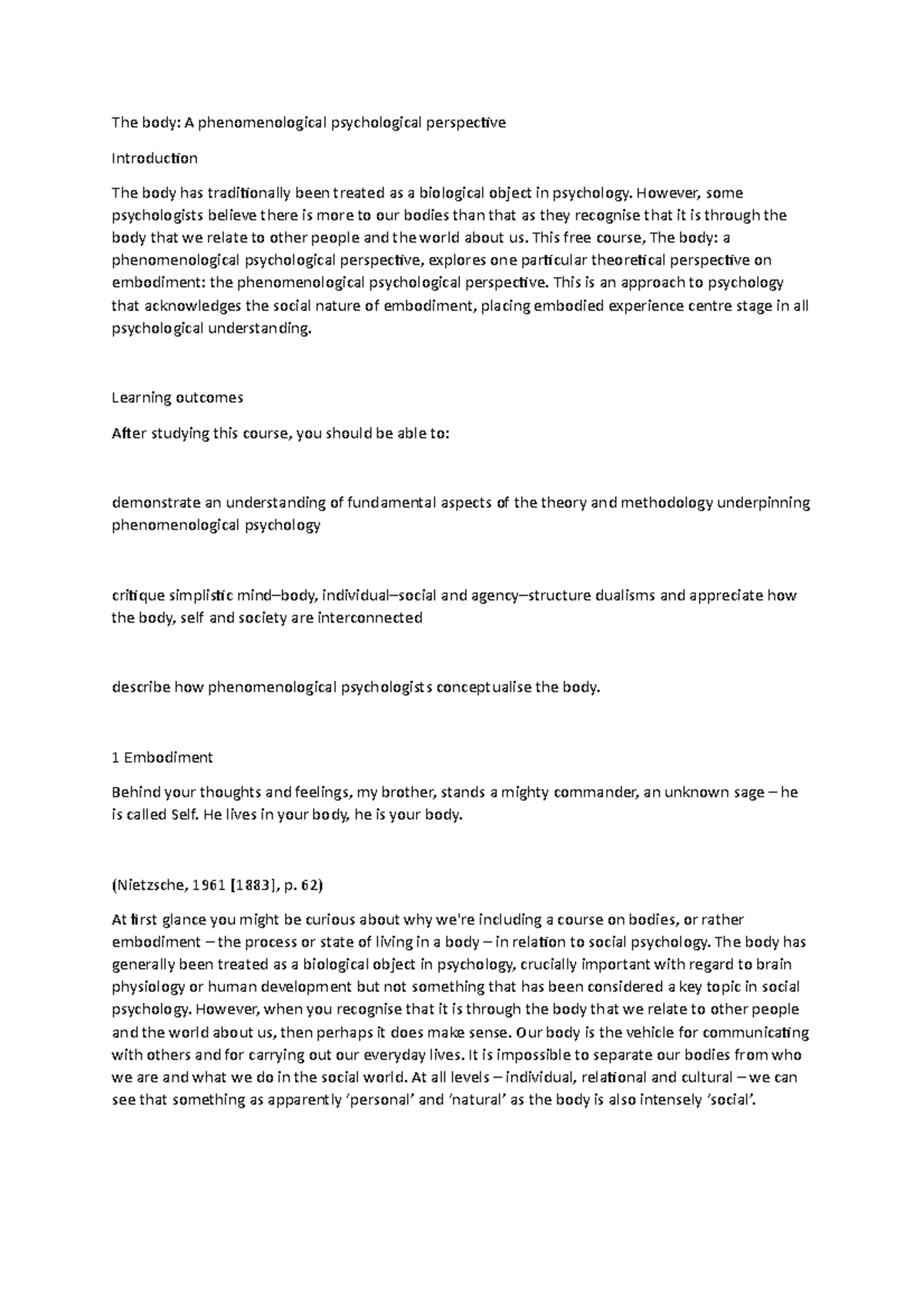 The body - A phenomenological psychological perspective - The body: A ...