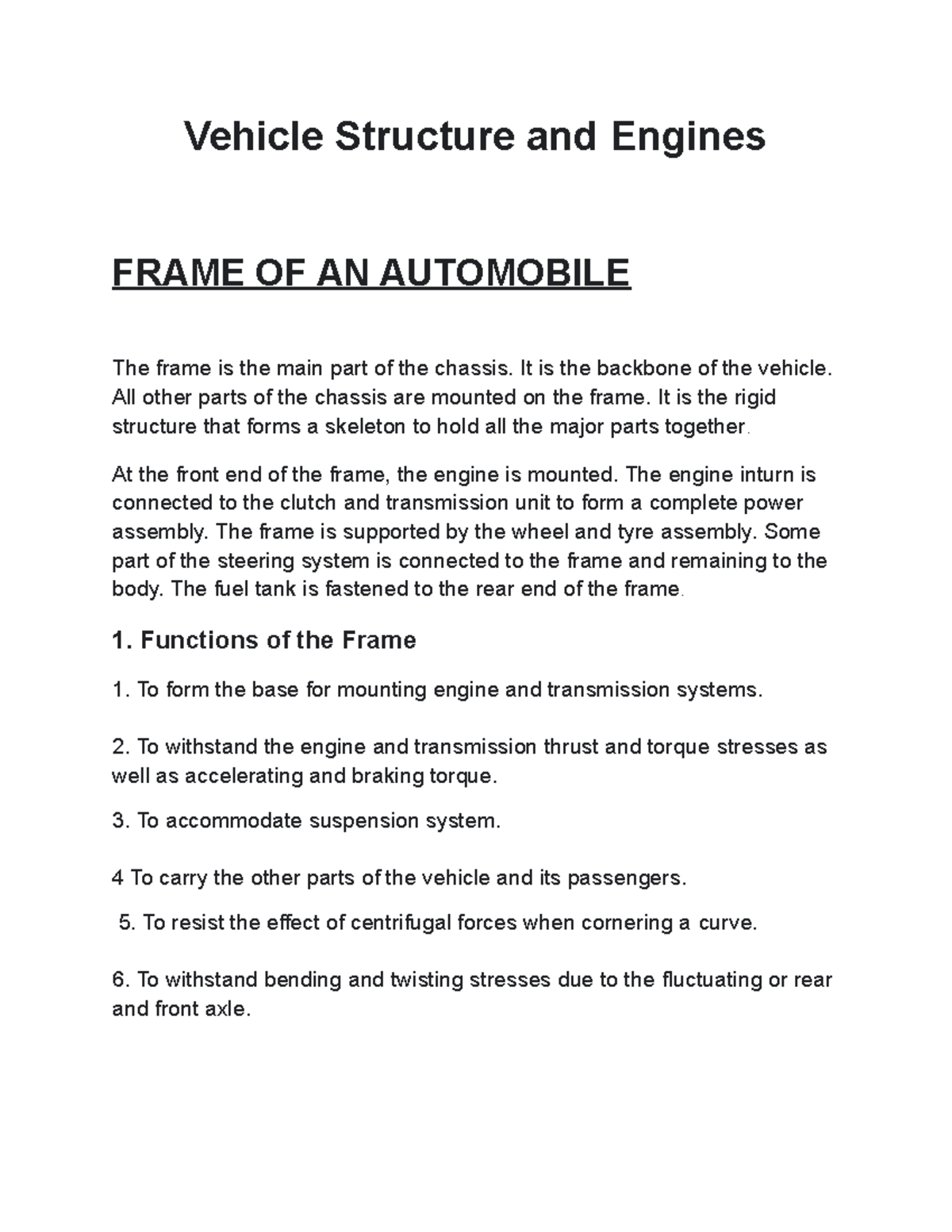 Frame OF AN Automobile -Vehicle Structure and Engine 1 - Vehicle ...