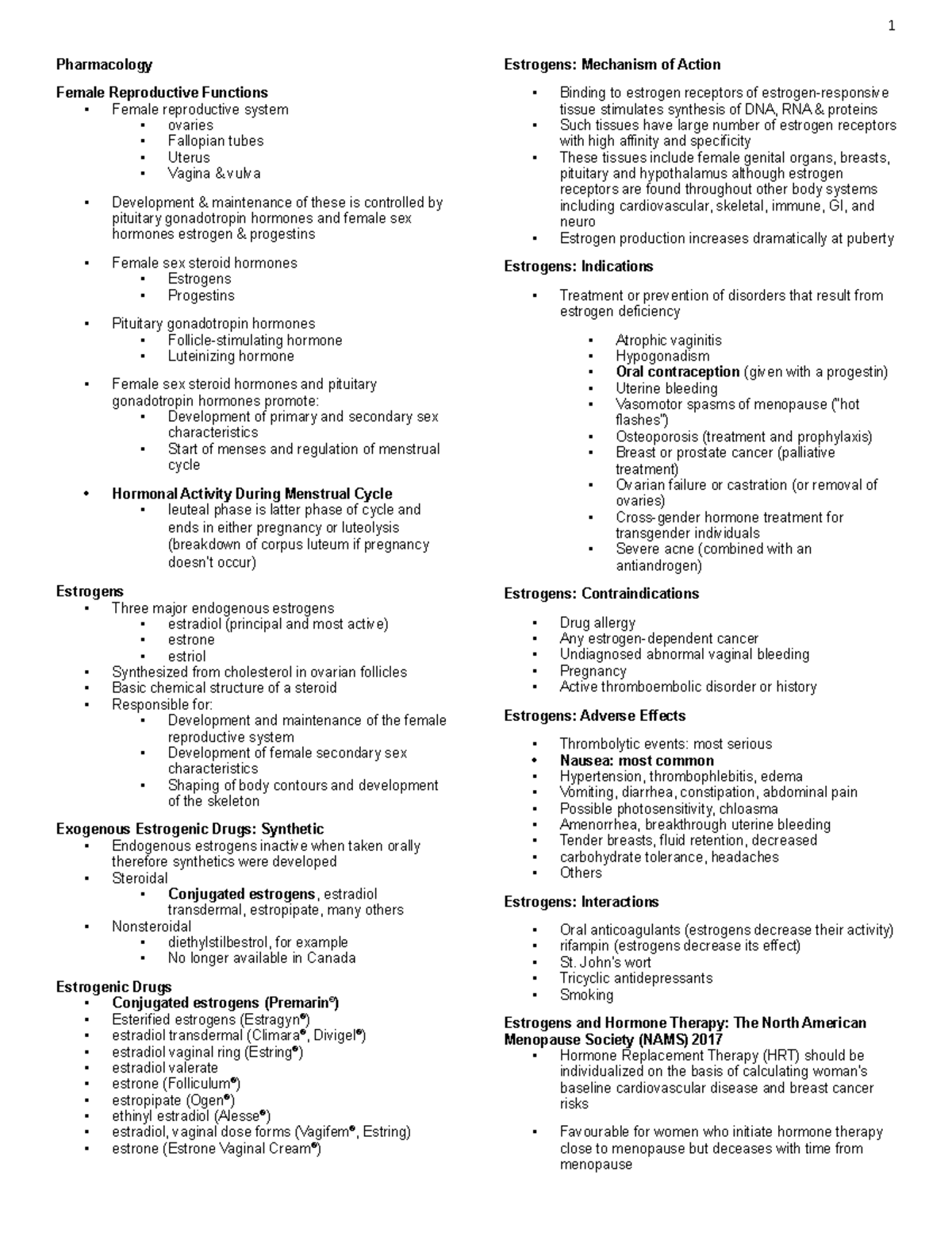 Pharmacology Notes 8 - Pharmacology Female Reproductive Functions ...