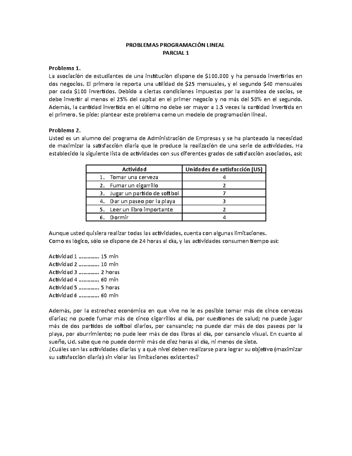 Ejercicios Clase - Programación Lineal - Catálogo - PROBLEMAS ...