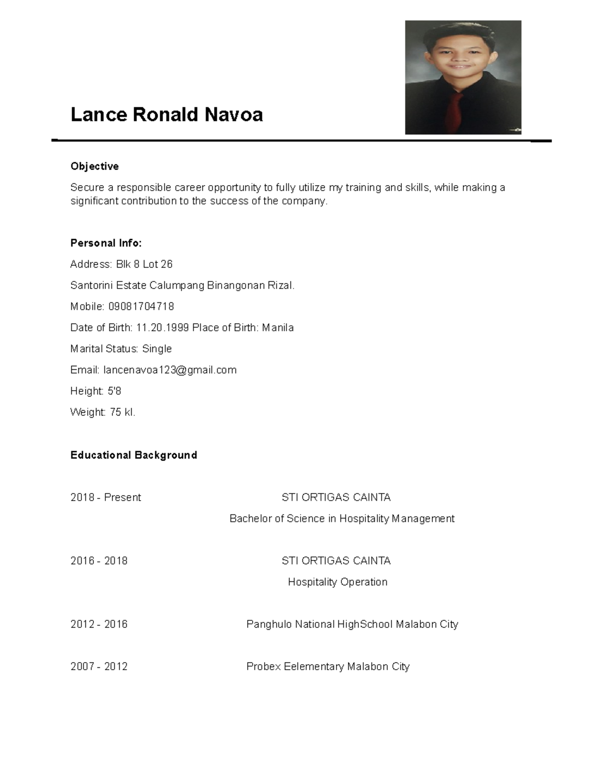 Lance Ronald Navoa resume - Lance Ronald Navoa Objective Secure a ...