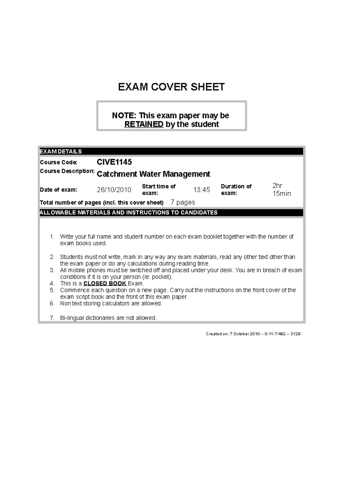 Exam 26 October 2010, questions - EXAM COVER SHEET NOTE: This exam ...
