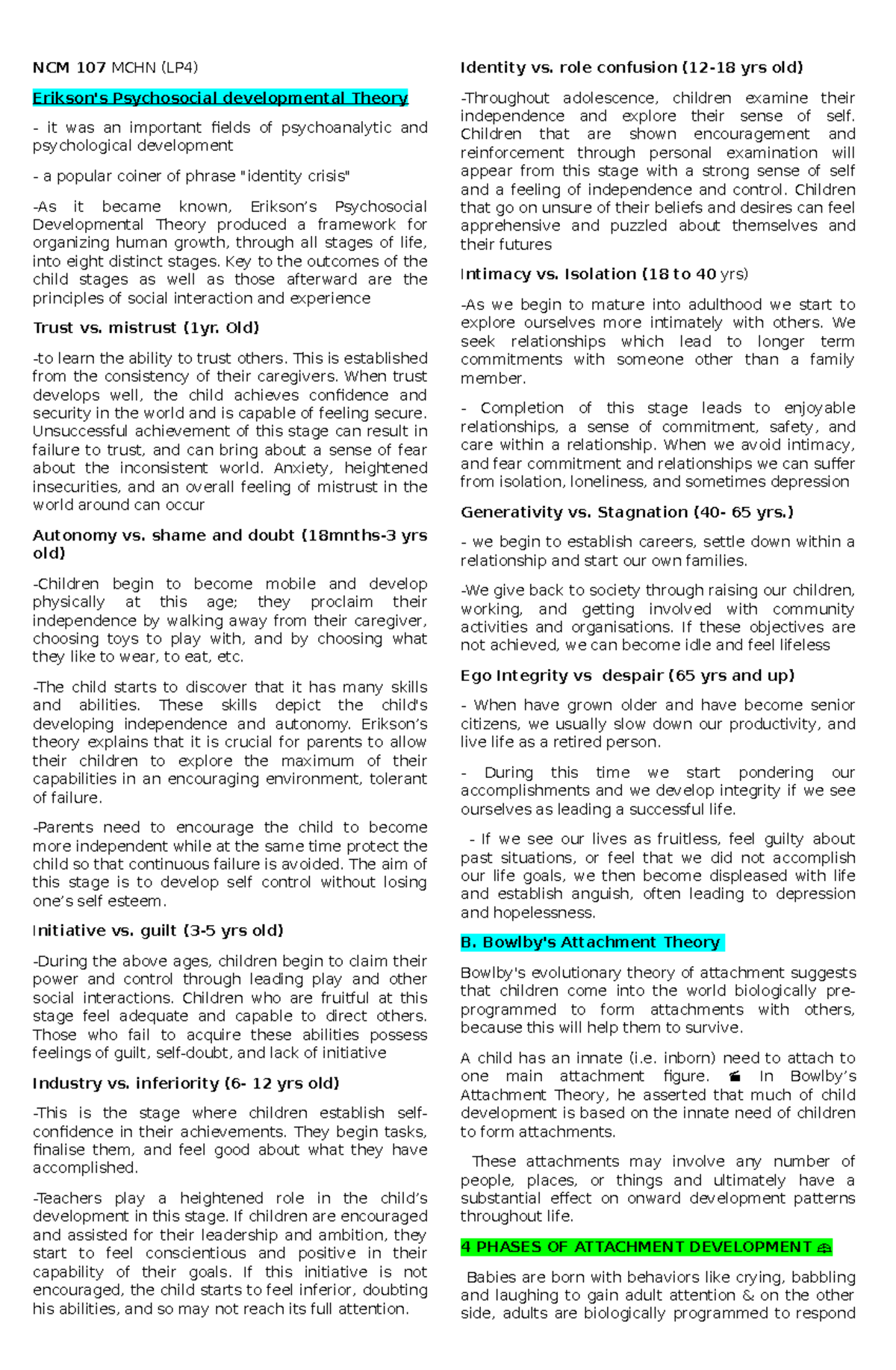 MCHN-notes - MCHN NOTES - NCM 107 MCHN (LP4) Erikson's Psychosocial ...