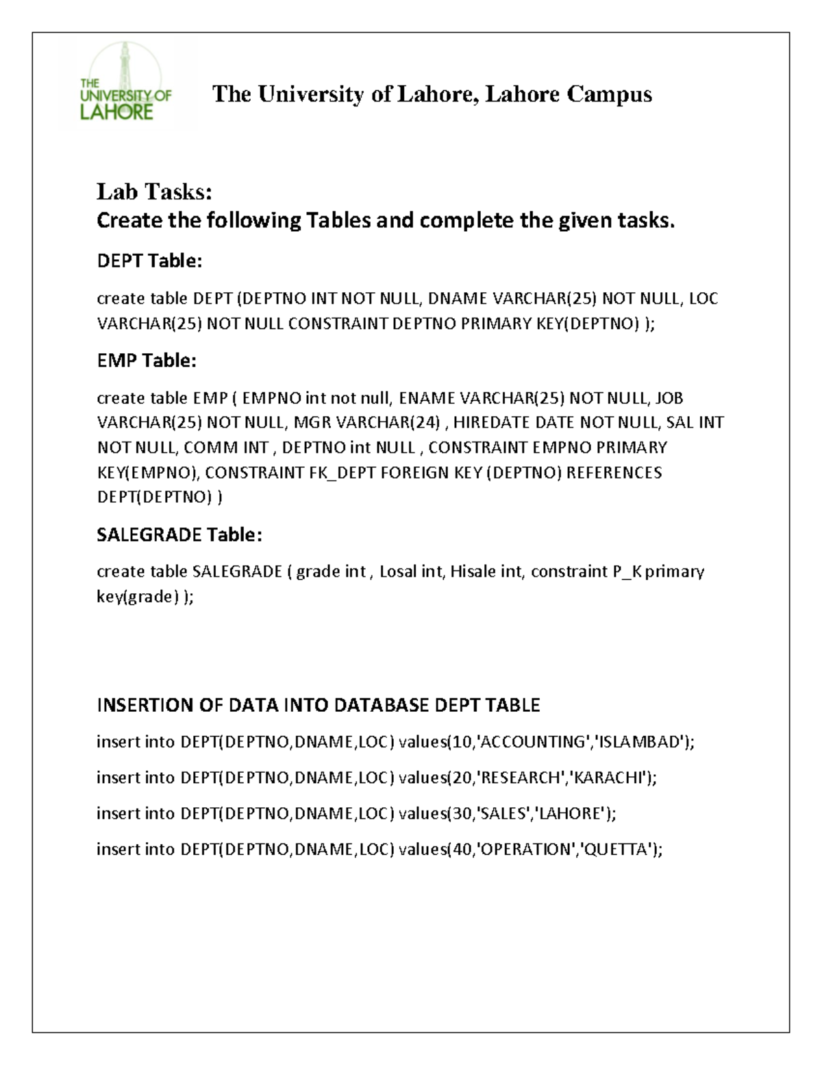 DB Lab Tasks online - Data Normalization - The University of Lahore, Lahore Campus Lab Tasks ...